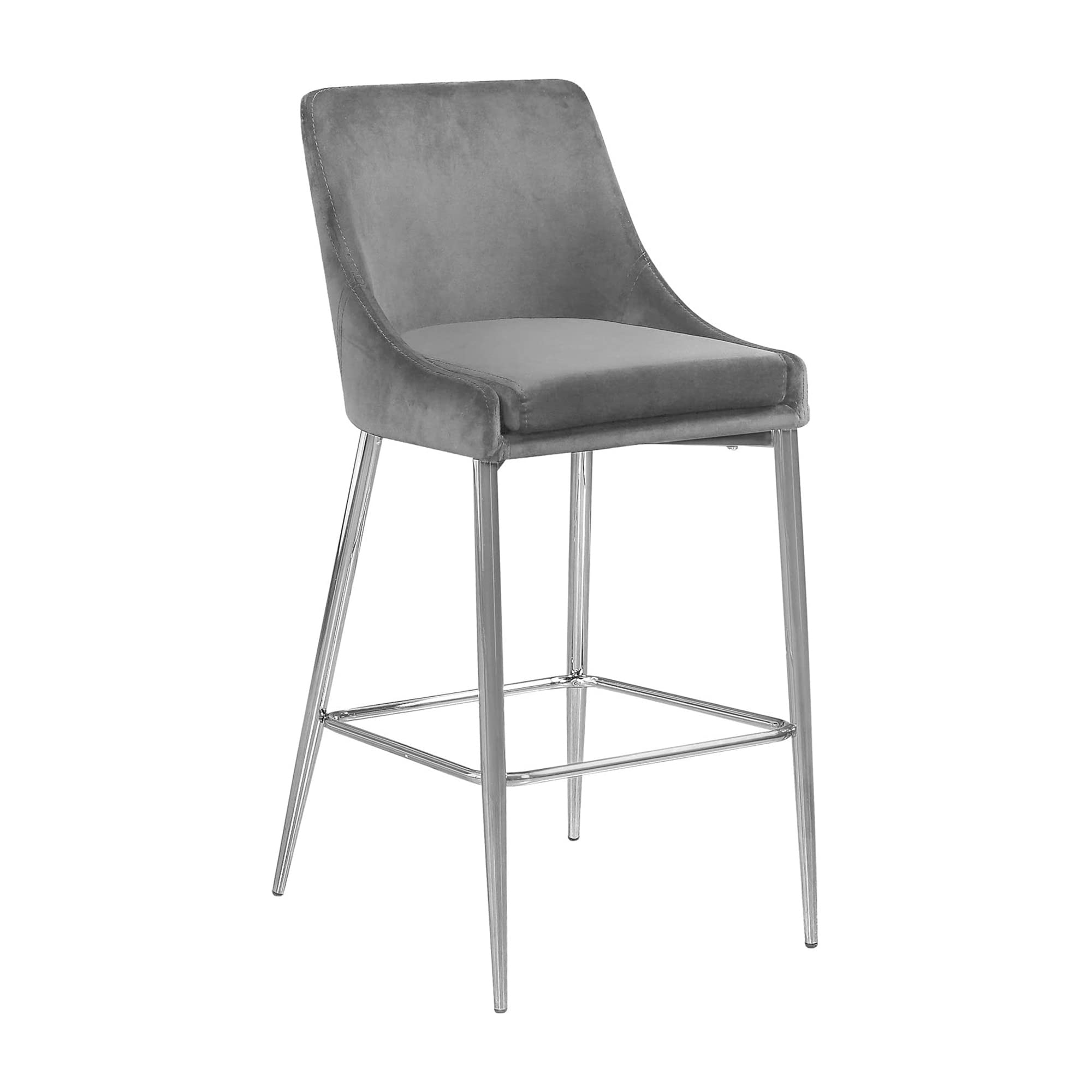 Meridian Furniture Karina Collection Modern | Contemporary Velvet Upholstered Counter Stool with Polished Chrome Metal Legs and Foot Rest, Set of 2, Grey