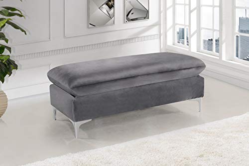 Meridian Furniture 636Grey-Ott Naomi Collection Modern | Contemporary Velvet Upholstered Ottoman/Bench with Rich Gold or Chrome Legs, Grey