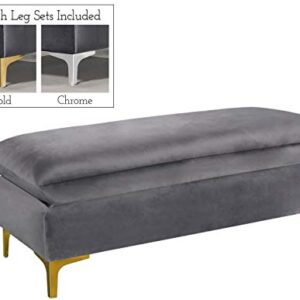 Meridian Furniture 636Grey-Ott Naomi Collection Modern | Contemporary Velvet Upholstered Ottoman/Bench with Rich Gold or Chrome Legs, Grey