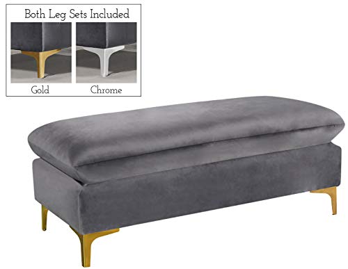 Meridian Furniture 636Grey-Ott Naomi Collection Modern | Contemporary Velvet Upholstered Ottoman/Bench with Rich Gold or Chrome Legs, Grey