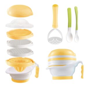 matyz versatile baby food maker set - toddler food mills with mash bowl, hand masher, citrus juicer, grater - making homemade baby food - fruits and vegetables masher - bpa free (yellow)