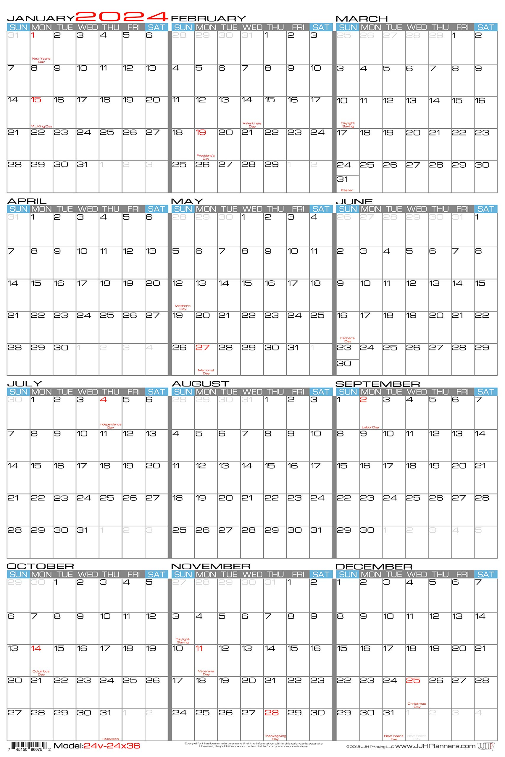 JJH Planners - Laminated - 24" X 36" Large 2024 Erasable Wall Calendar - Vertical 12 Month Yearly Annual Planner (24v-24x36)