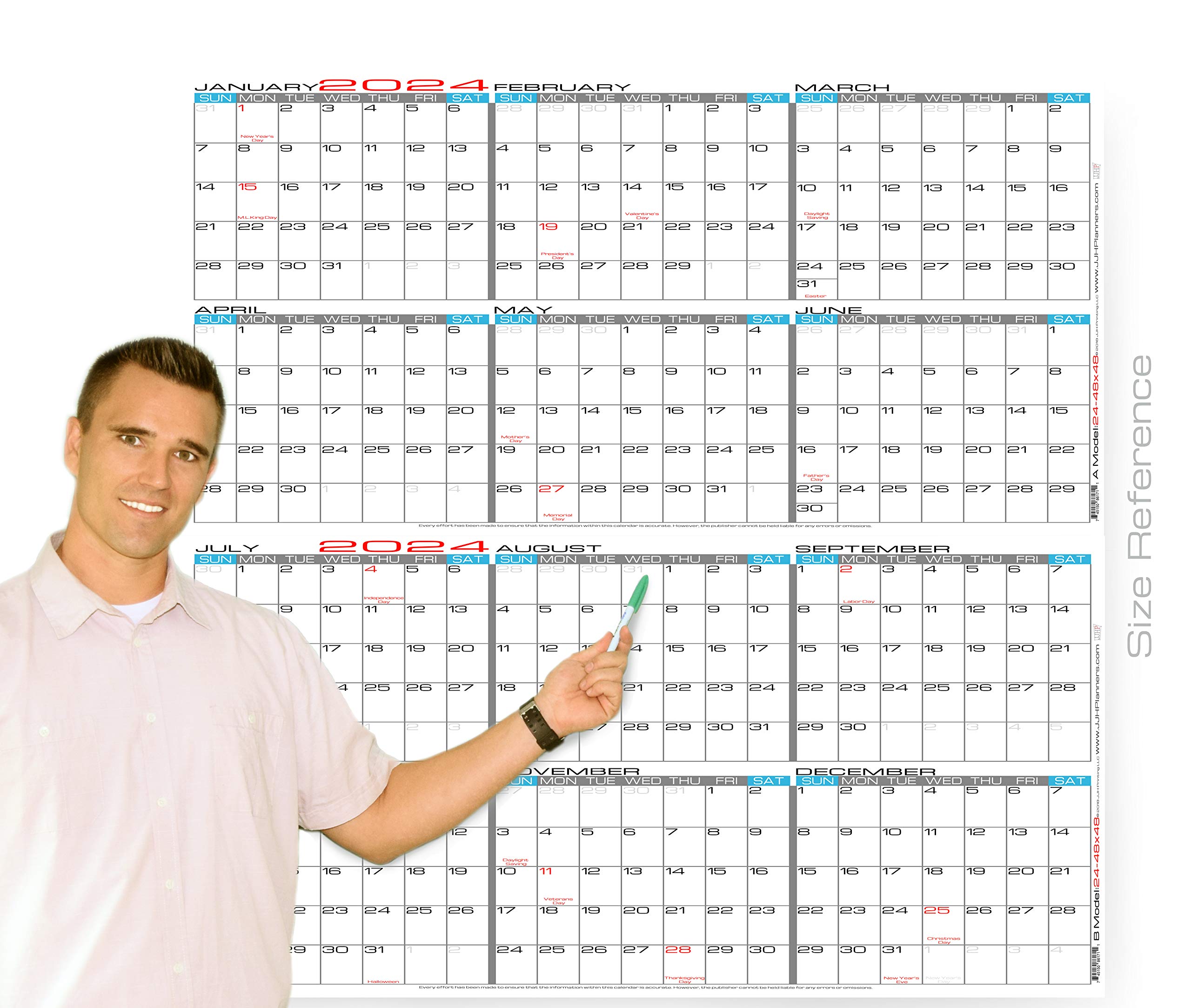 JJH Planners - Laminated - 48" x 48" Jumbo 2024 Wall Calendar - 2 Part 12 Month Yearly Annual Planner (24-48x48)