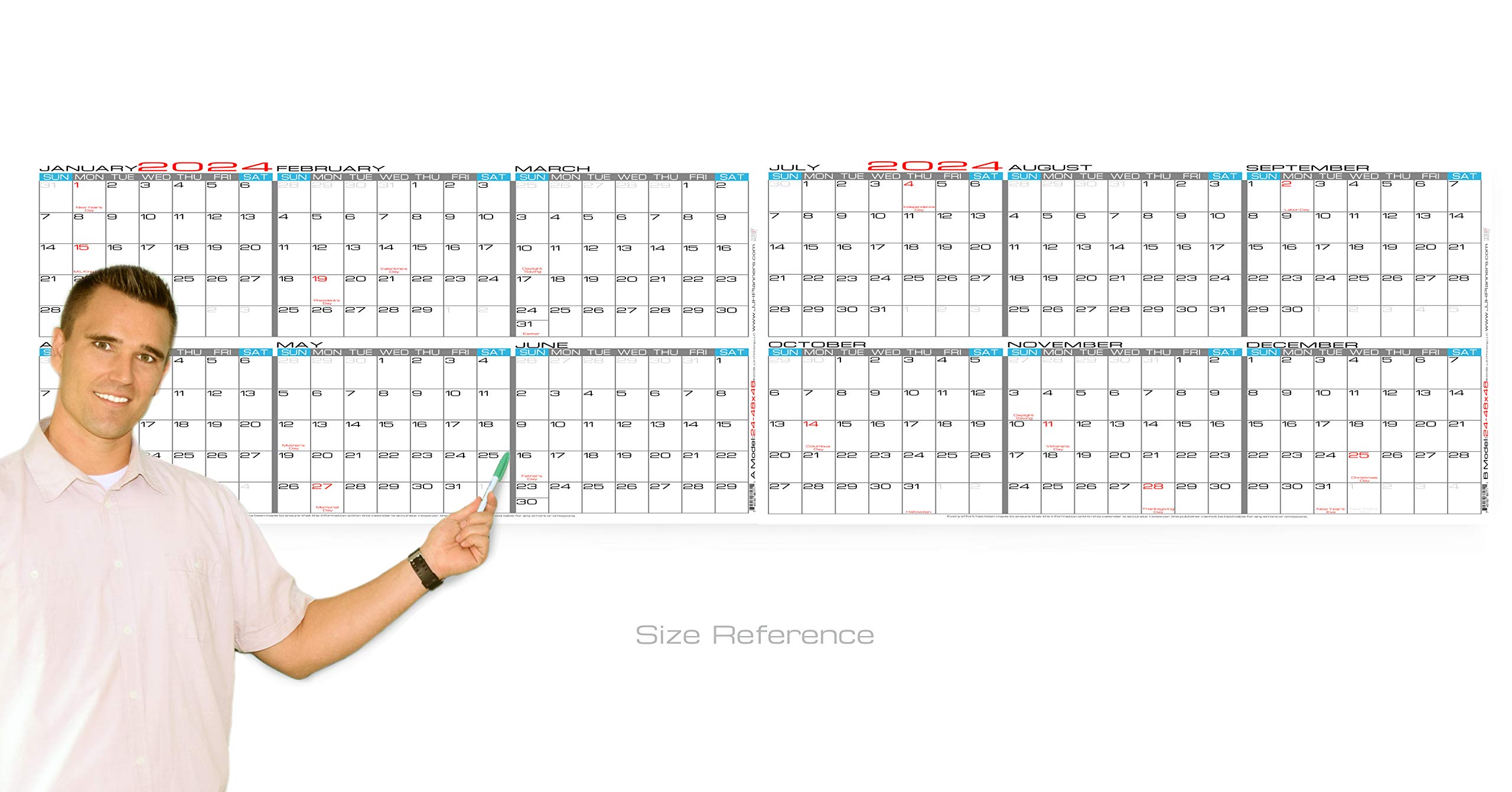 JJH Planners - Laminated - 48" x 48" Jumbo 2024 Wall Calendar - 2 Part 12 Month Yearly Annual Planner (24-48x48)