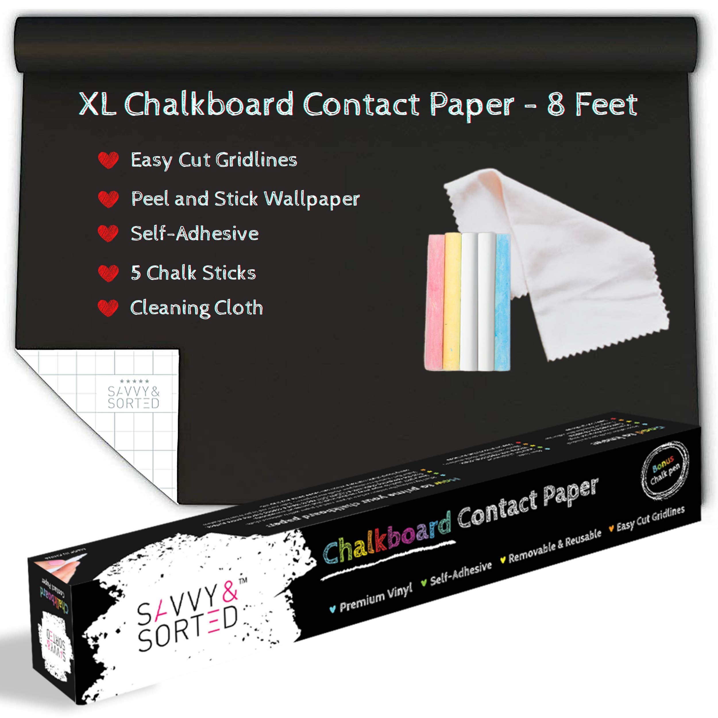 Black Chalkboard Contact Paper Roll - 8 FT Chalk Board Paper Roll Peel & Stick with Chalk Sticks - 17 x 96in Chalkboard Sticker Paper - Removable Black Sticker Self Adhesive Wallpaper Blackboard Decal