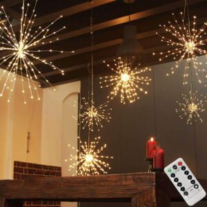 pxbniuya 200led hanging sphere lights, battery operated starburst lights, 8 modes dimmable remote control, waterproof fairy lights, copper wire lights for indoor outdoor christmas decor (warm white)