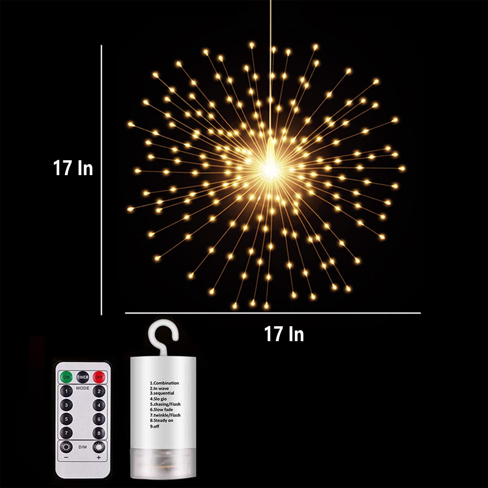 PXBNIUYA 200LED Hanging Sphere Lights, Battery Operated Starburst Lights, 8 Modes Dimmable Remote Control, Waterproof Fairy Lights, Copper Wire Lights for Indoor Outdoor Christmas Decor (Warm White)