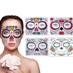 4 Pack Day of the Dead Sugar Skull Face Temporary Tattoo Halloween Makeup Tattoo Stickers for Halloween Masquerade Party(Floral, Red Roses,Black and Floral Skeleton)