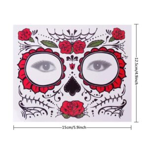 4 Pack Day of the Dead Sugar Skull Face Temporary Tattoo Halloween Makeup Tattoo Stickers for Halloween Masquerade Party(Floral, Red Roses,Black and Floral Skeleton)