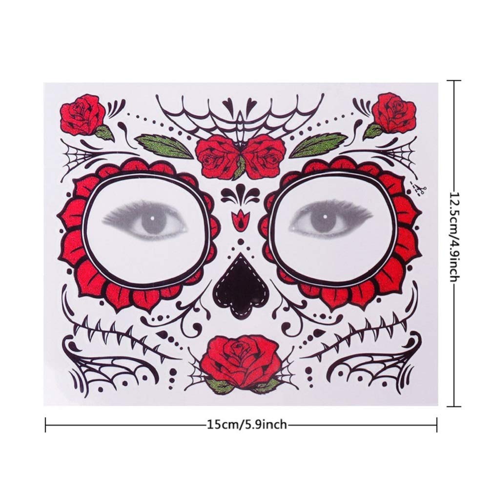 4 Pack Day of the Dead Sugar Skull Face Temporary Tattoo Halloween Makeup Tattoo Stickers for Halloween Masquerade Party(Floral, Red Roses,Black and Floral Skeleton)