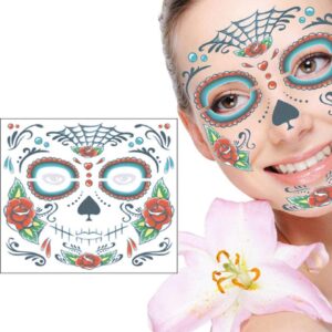 4 Pack Day of the Dead Sugar Skull Face Temporary Tattoo Halloween Makeup Tattoo Stickers for Halloween Masquerade Party(Floral, Red Roses,Black and Floral Skeleton)