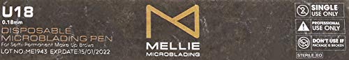 PACK Of 10 Mellie's Signature Microblading Disposable Pen - U SHAPE .18mm - Sterile - Sharp Blade & Non Slip Grip With Pigment Sponge - 18U Microblading Needles