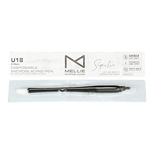 PACK Of 10 Mellie's Signature Microblading Disposable Pen - U SHAPE .18mm - Sterile - Sharp Blade & Non Slip Grip With Pigment Sponge - 18U Microblading Needles