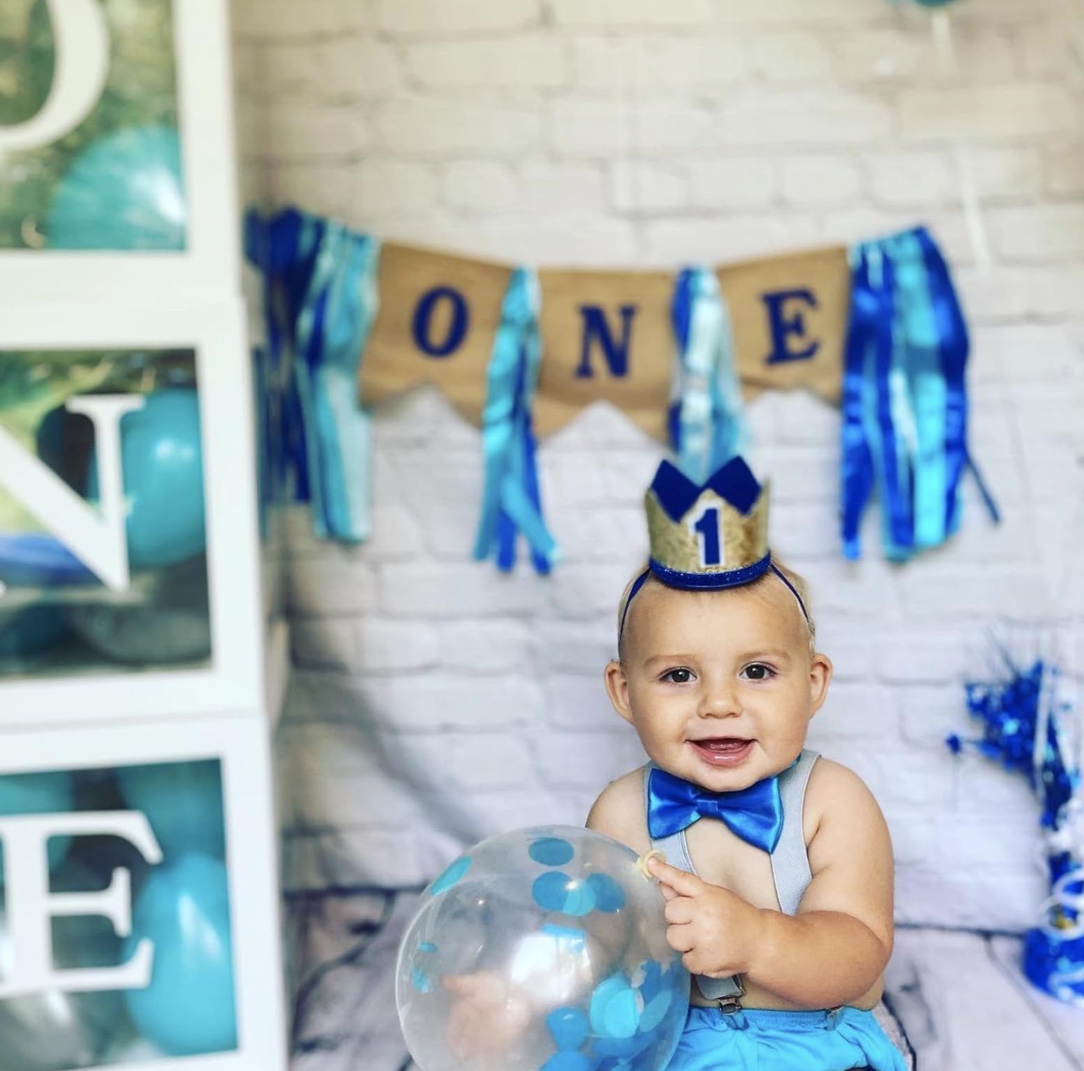 Baby 1st Birthday Boy Decorations with Crown - Baby Boy First Birthday Decorations High Chair Banner - Cake Smash Party Supplies - Happy Birthday ONE Burlap Banner, No.1 Gold and Blue Crown