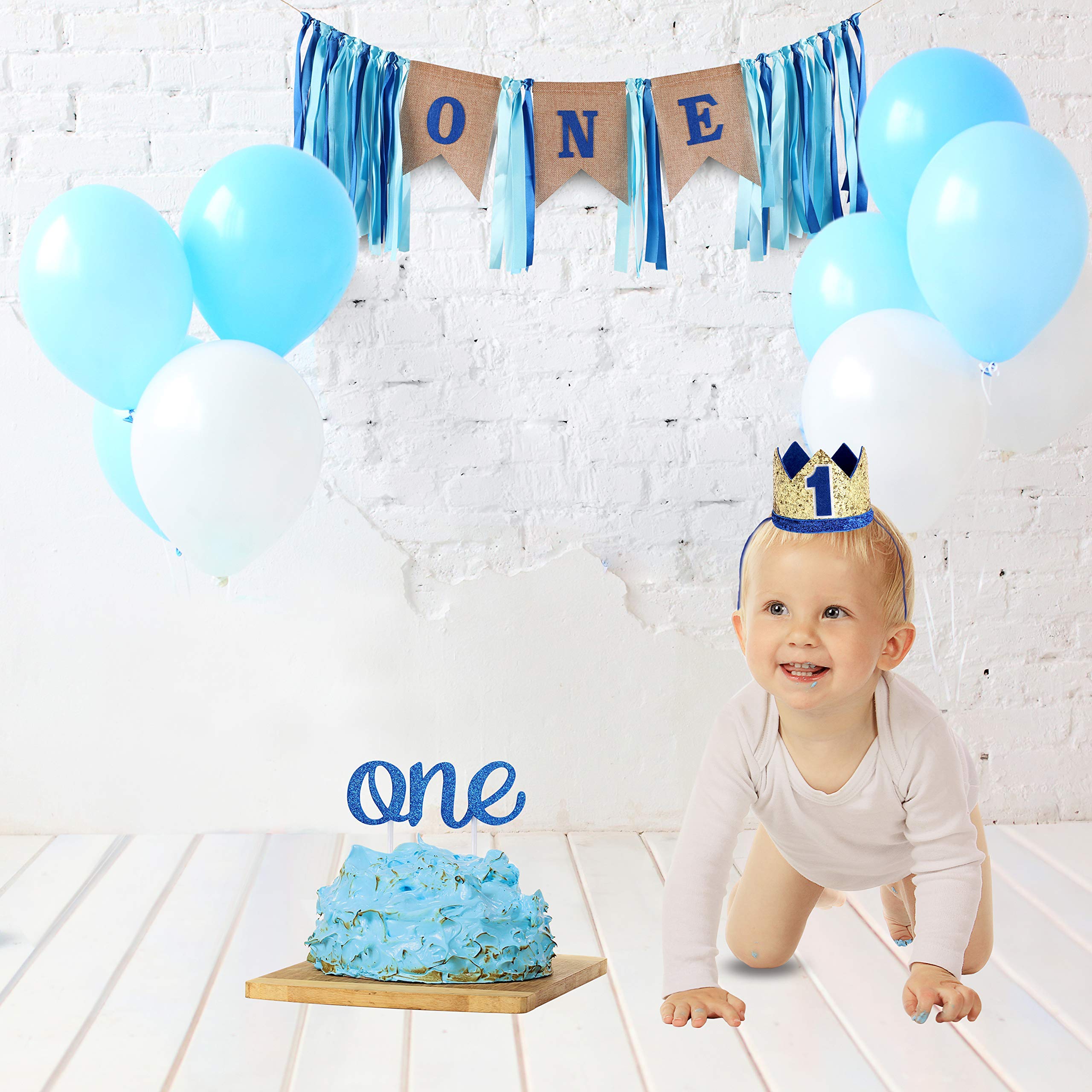 Baby 1st Birthday Boy Decorations with Crown - Baby Boy First Birthday Decorations High Chair Banner - Cake Smash Party Supplies - Happy Birthday ONE Burlap Banner, No.1 Gold and Blue Crown