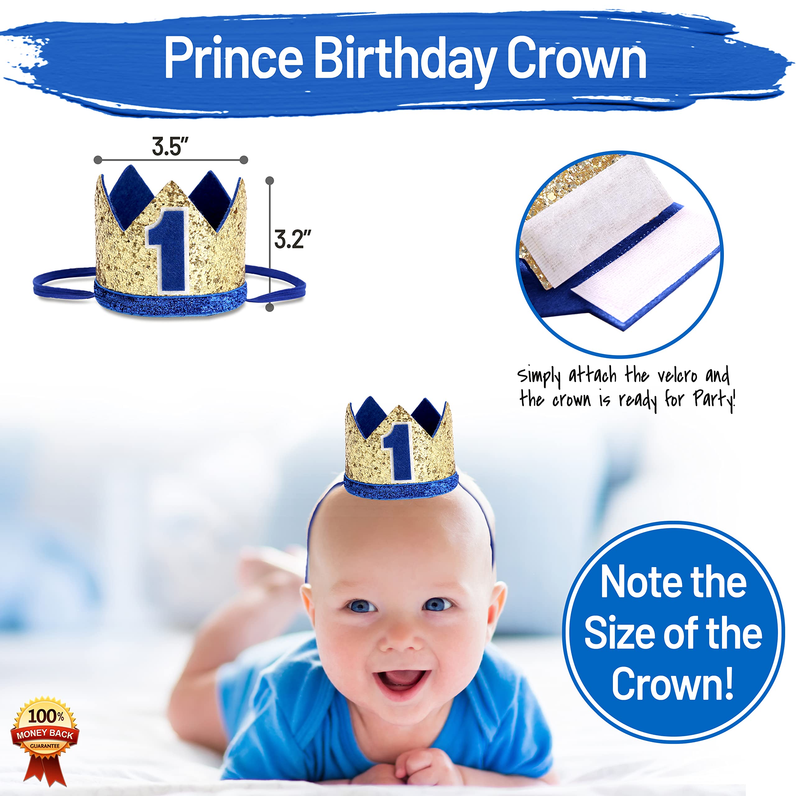 Baby 1st Birthday Boy Decorations with Crown - Baby Boy First Birthday Decorations High Chair Banner - Cake Smash Party Supplies - Happy Birthday ONE Burlap Banner, No.1 Gold and Blue Crown