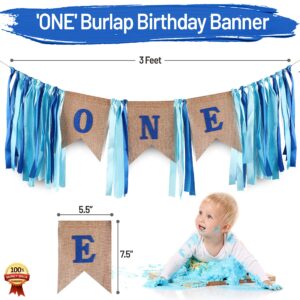 Baby 1st Birthday Boy Decorations with Crown - Baby Boy First Birthday Decorations High Chair Banner - Cake Smash Party Supplies - Happy Birthday ONE Burlap Banner, No.1 Gold and Blue Crown