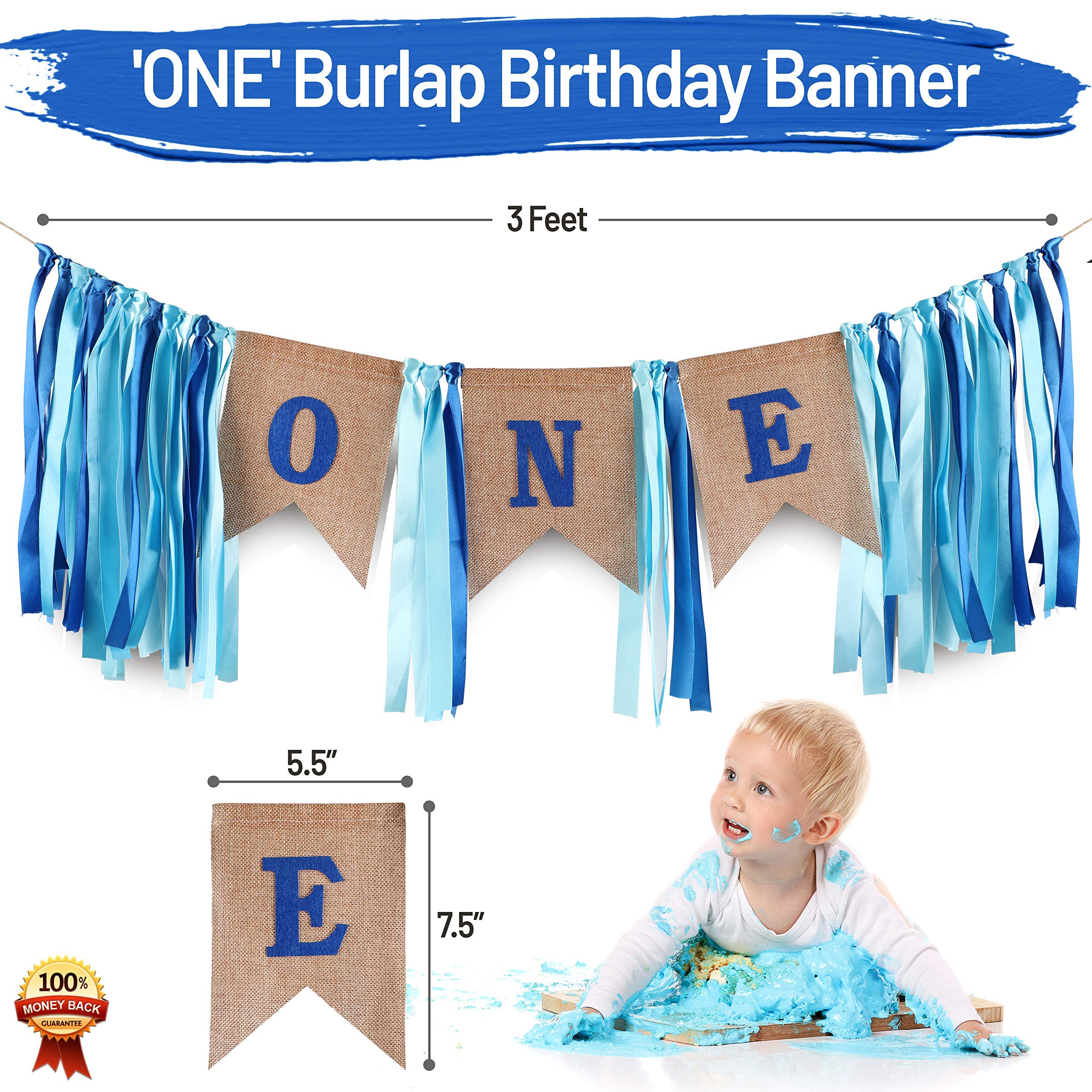 Baby 1st Birthday Boy Decorations with Crown - Baby Boy First Birthday Decorations High Chair Banner - Cake Smash Party Supplies - Happy Birthday ONE Burlap Banner, No.1 Gold and Blue Crown