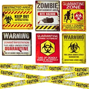 6 warning signs 11x14" with caution tape roll 20 feet - halloween zombie party decorations halloween indoor outdoor yard signs beware danger door posters haunted house decor