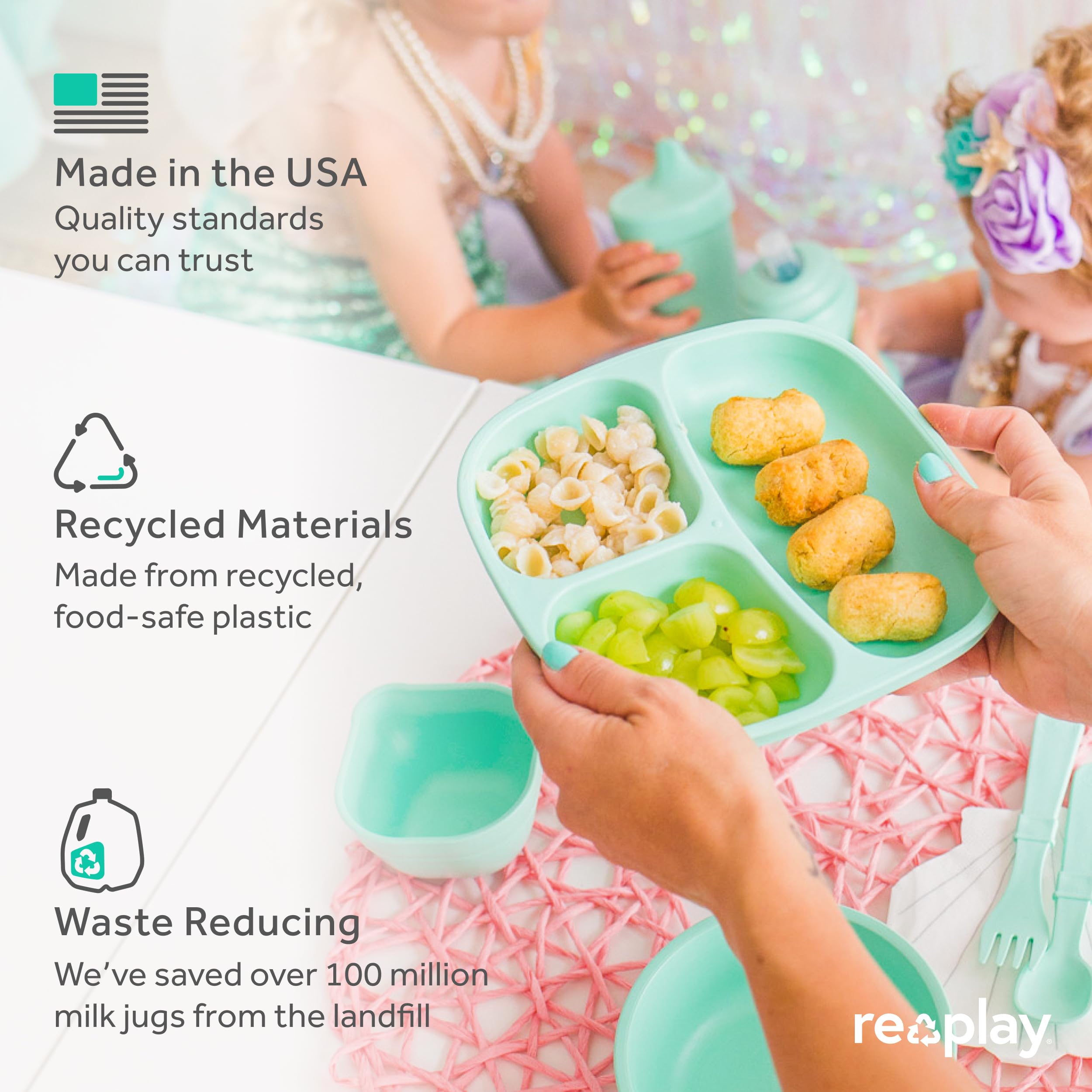 Re-Play - 4 Pack 7.37" Divided Plates with Deep Sides for Baby, Toddler & Child Feeding - BPA Free - Made in USA from Recycled Milk Jugs - Princess