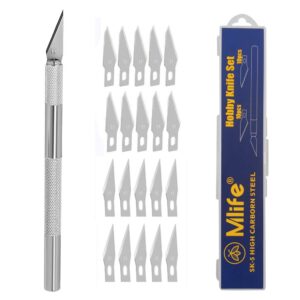 mlife hobby knife precision stainless steel craft knife set for diy art work cutting - 1 handles and 20 spare blades with storage case