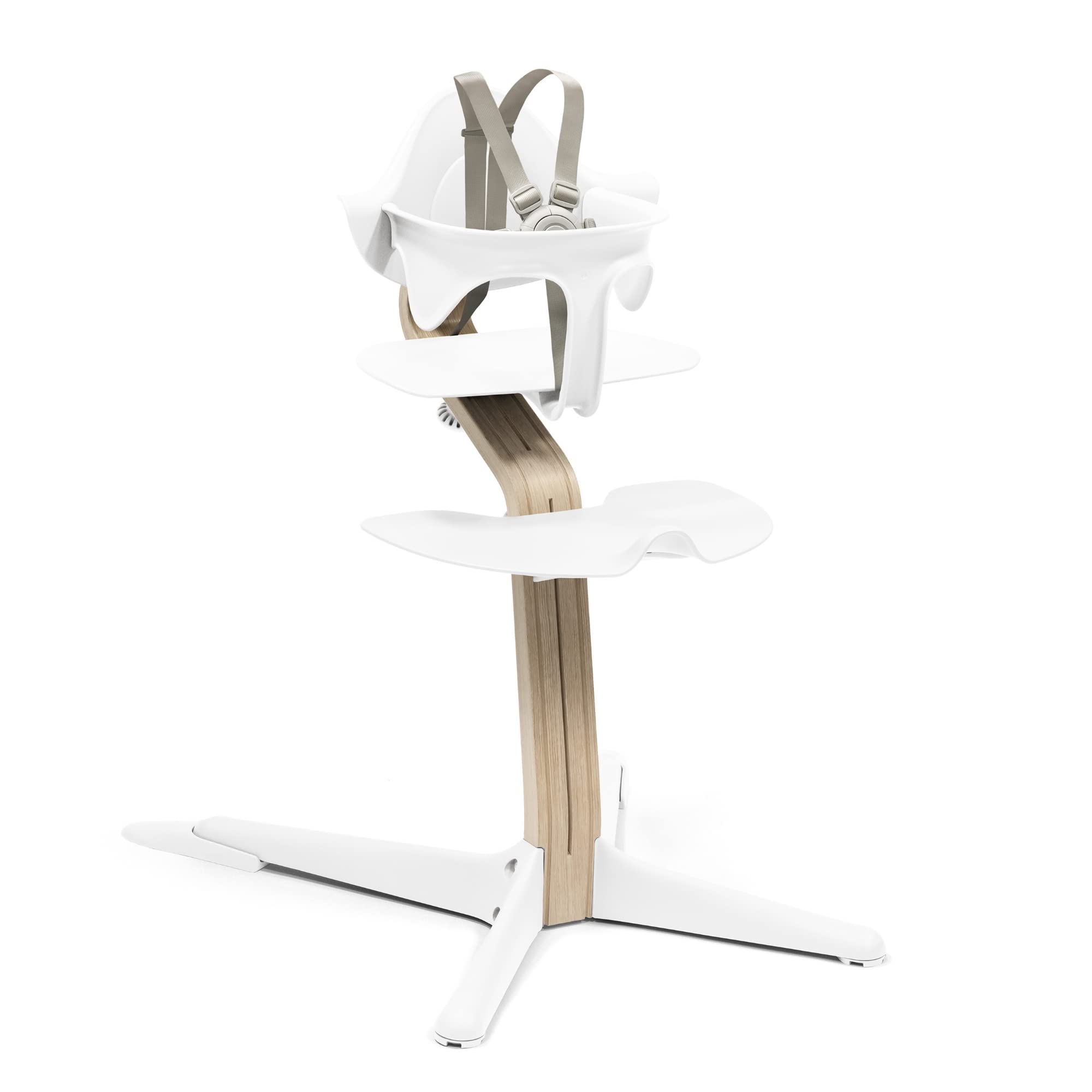 Stokke Nomi High Chair, White/Natural - Inspires Active Sitting - Tool-Free, Seamless Adjustability - Includes Baby Set with Removable Harness for Children 6-24 Months