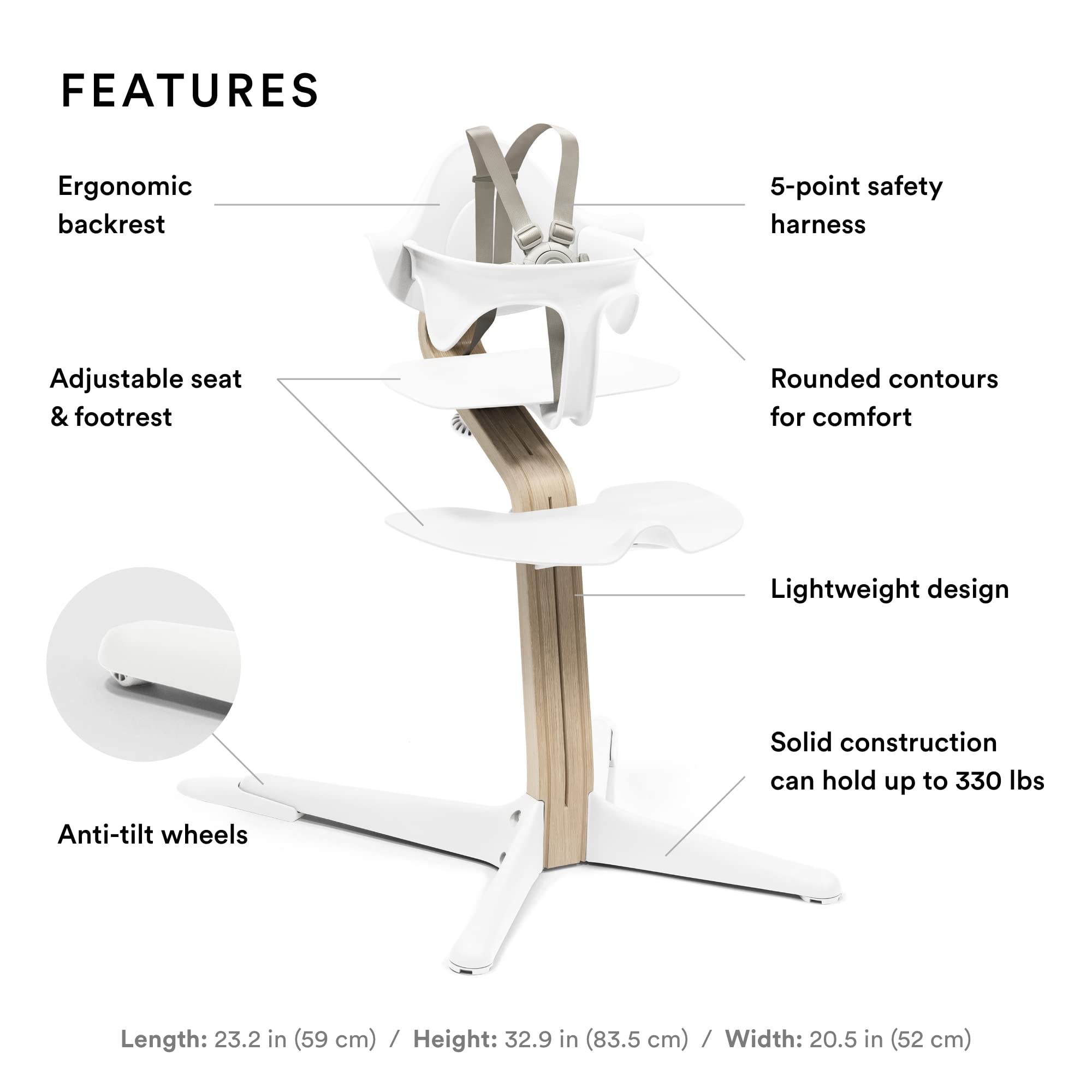 Stokke Nomi High Chair, White/Natural - Inspires Active Sitting - Tool-Free, Seamless Adjustability - Includes Baby Set with Removable Harness for Children 6-24 Months