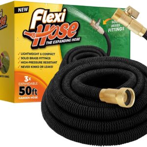 Flexi Hose Upgraded Expandable Garden Hose 50 ft Extra Strength 3/4 Solid Brass Fittings - The Ultimate No-Kink Flex 50 ft Water Hose (Black, 50FT)