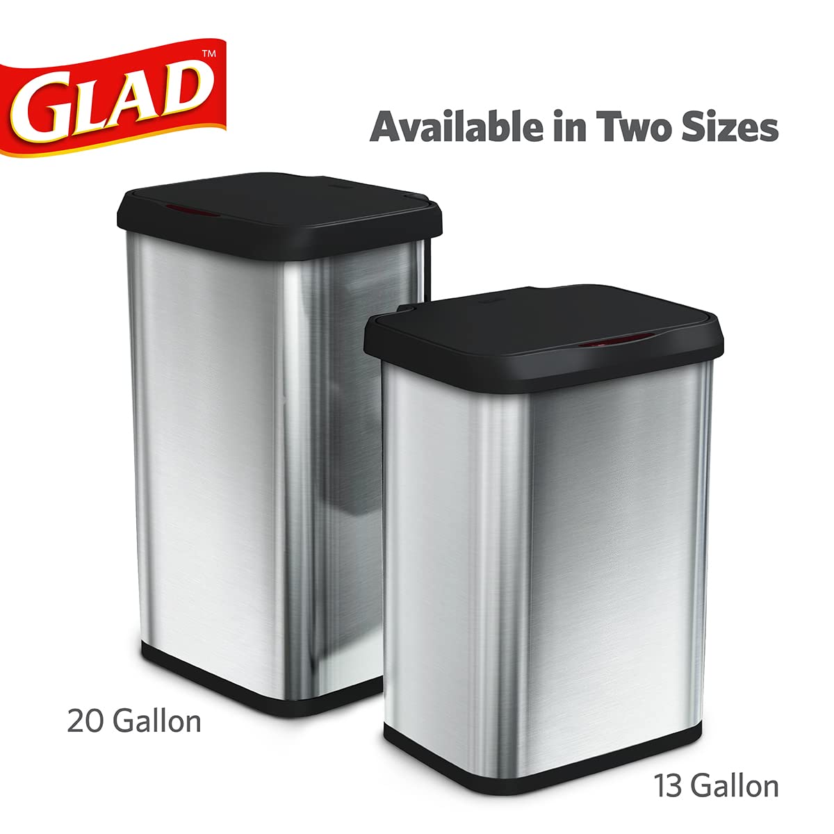 Glad Stainless Steel Trash Can with Clorox Odor Protection | Touchless Metal Kitchen Garbage Bin with Soft Close Lid and Waste Bag Roll Holder, 20 Gallon, Motion Sensor