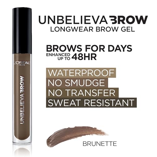 L'Oreal Paris Unbelieva-Brow Longwear Waterproof Tinted Brow Gel, Smudge-resistant, Transfer- Proof, Quick Drying, Easy and quick application with precise brush, Brunette, 0.15 fl. oz.