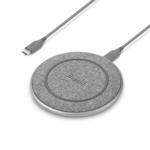 moshi otto q wireless charger, qi-certified, soft textured fabric, fast wireless charging 15w max compatible with galaxy 21, iphone 12, iphone 11, airpods pro, note, pixel (no ac adapter)