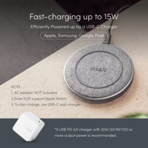 Moshi Otto Q Wireless Charger, Qi-Certified, Soft Textured Fabric, Fast Wireless Charging 15W Max Compatible with Galaxy 21, iPhone 12, iPhone 11, AirPods Pro, Note, Pixel (No AC Adapter)