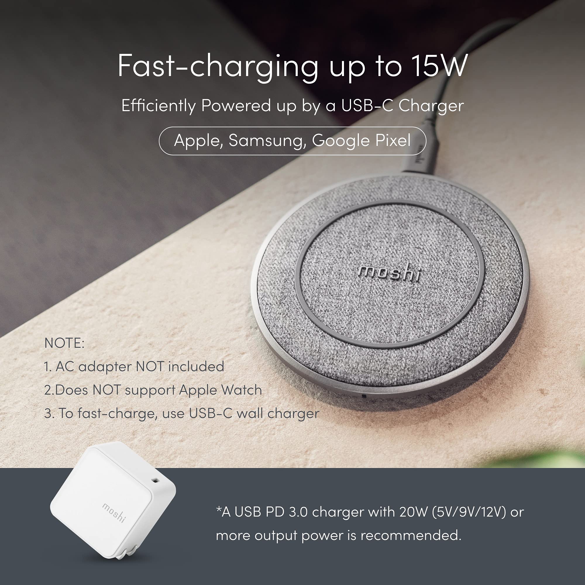 Moshi Otto Q Wireless Charger, Qi-Certified, Soft Textured Fabric, Fast Wireless Charging 15W Max Compatible with Galaxy 21, iPhone 12, iPhone 11, AirPods Pro, Note, Pixel (No AC Adapter)