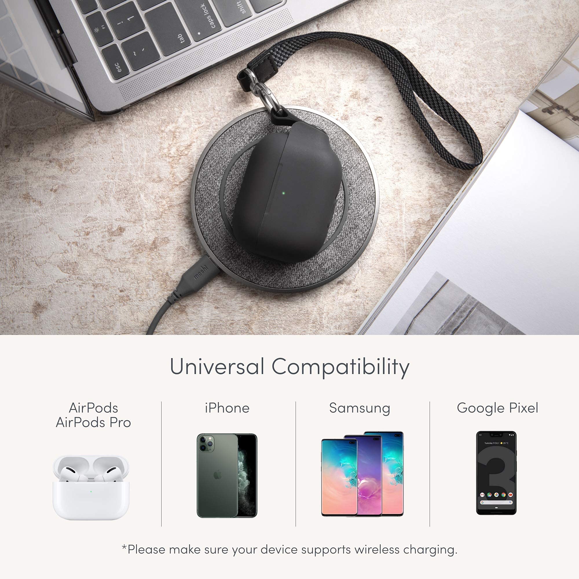 Moshi Otto Q Wireless Charger, Qi-Certified, Soft Textured Fabric, Fast Wireless Charging 15W Max Compatible with Galaxy 21, iPhone 12, iPhone 11, AirPods Pro, Note, Pixel (No AC Adapter)