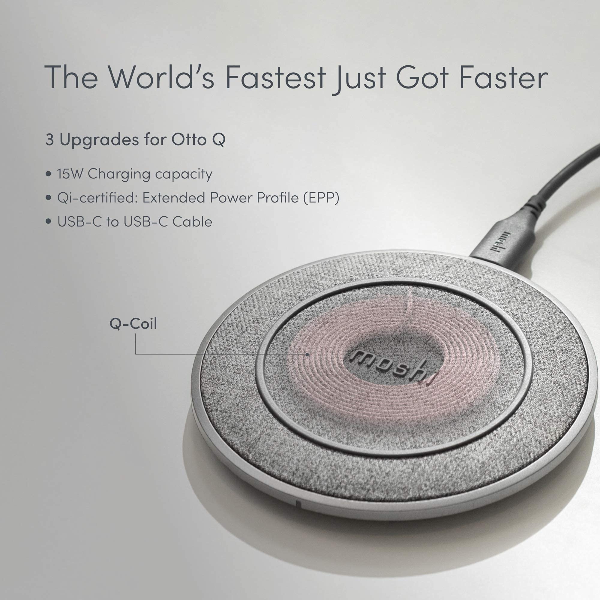 Moshi Otto Q Wireless Charger, Qi-Certified, Soft Textured Fabric, Fast Wireless Charging 15W Max Compatible with Galaxy 21, iPhone 12, iPhone 11, AirPods Pro, Note, Pixel (No AC Adapter)