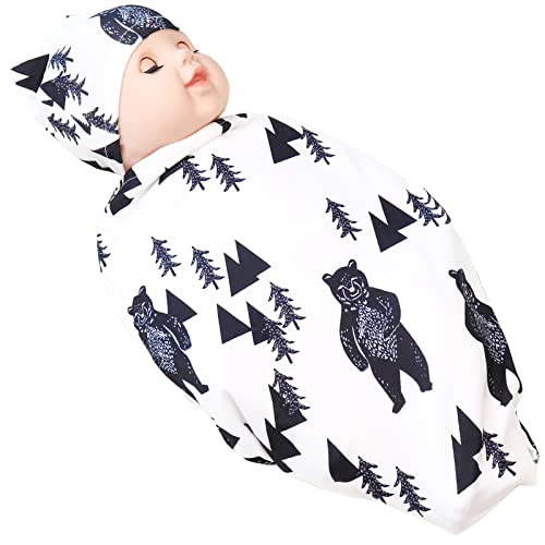 Newborn Swaddle Blanket with Beanie Set,Soft Stretchy Cocoon Sack for 0-3 Months Baby Boys and Girls(Ink Bear)