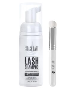 stacy lash eyelash extension shampoo + brush / 1.69 fl.oz / 50ml / eyelid foaming cleanser/wash for extensions & natural lashes/safe makeup remover/supplies for professional & home use