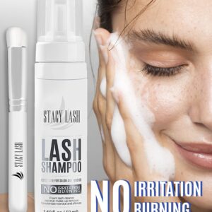 STACY LASH Eyelash Extension Shampoo + Brush / 1.69 fl.oz / 50ml / Eyelid Foaming Cleanser/Wash for Extensions & Natural Lashes/Safe Makeup Remover/Supplies for Professional & Home Use