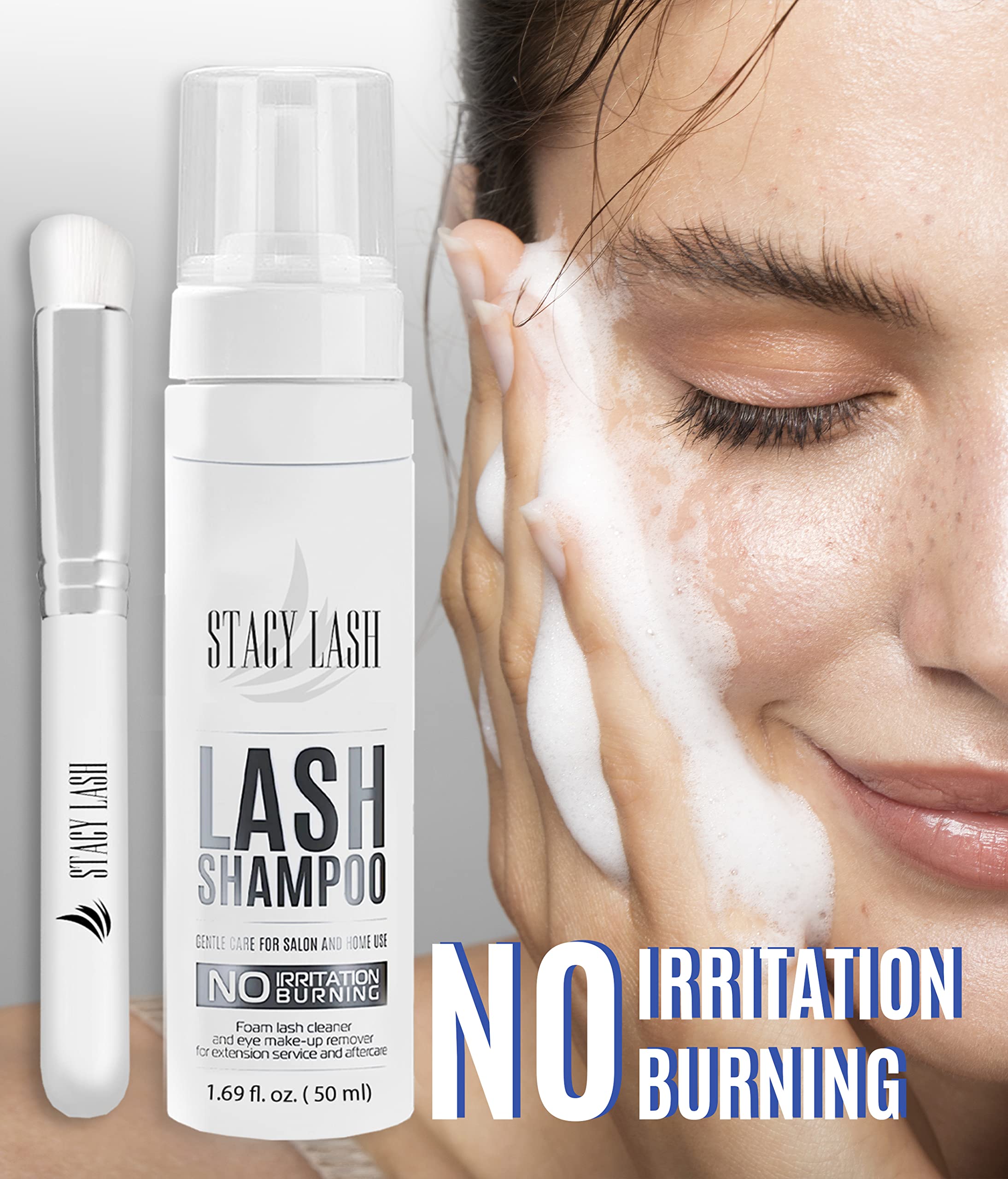 STACY LASH Eyelash Extension Shampoo + Brush / 1.69 fl.oz / 50ml / Eyelid Foaming Cleanser/Wash for Extensions & Natural Lashes/Safe Makeup Remover/Supplies for Professional & Home Use