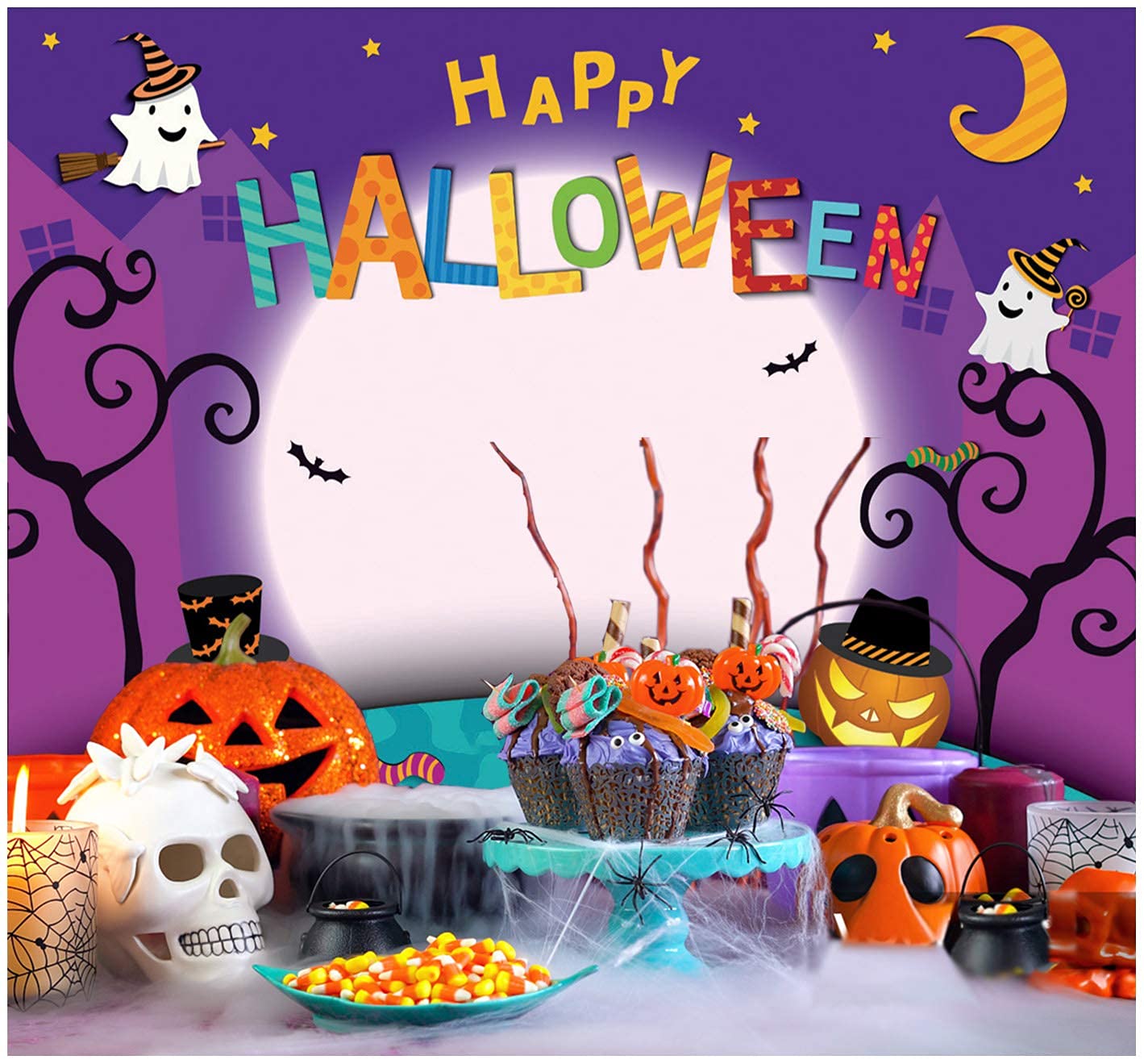 WOLADA 7x5FT Cartoon Halloween Photo Backdrop Pumpkin Moon Photography Backdrops Halloween Party Banner Trick or Treat Backdrop Halloween Decoration Kids Halloween Party Photography Backdrop 11131