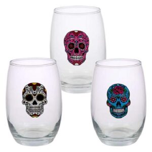 set of 3 day of the dead stemless skull flower wine glasses, 15 oz glass halloween gasparilla