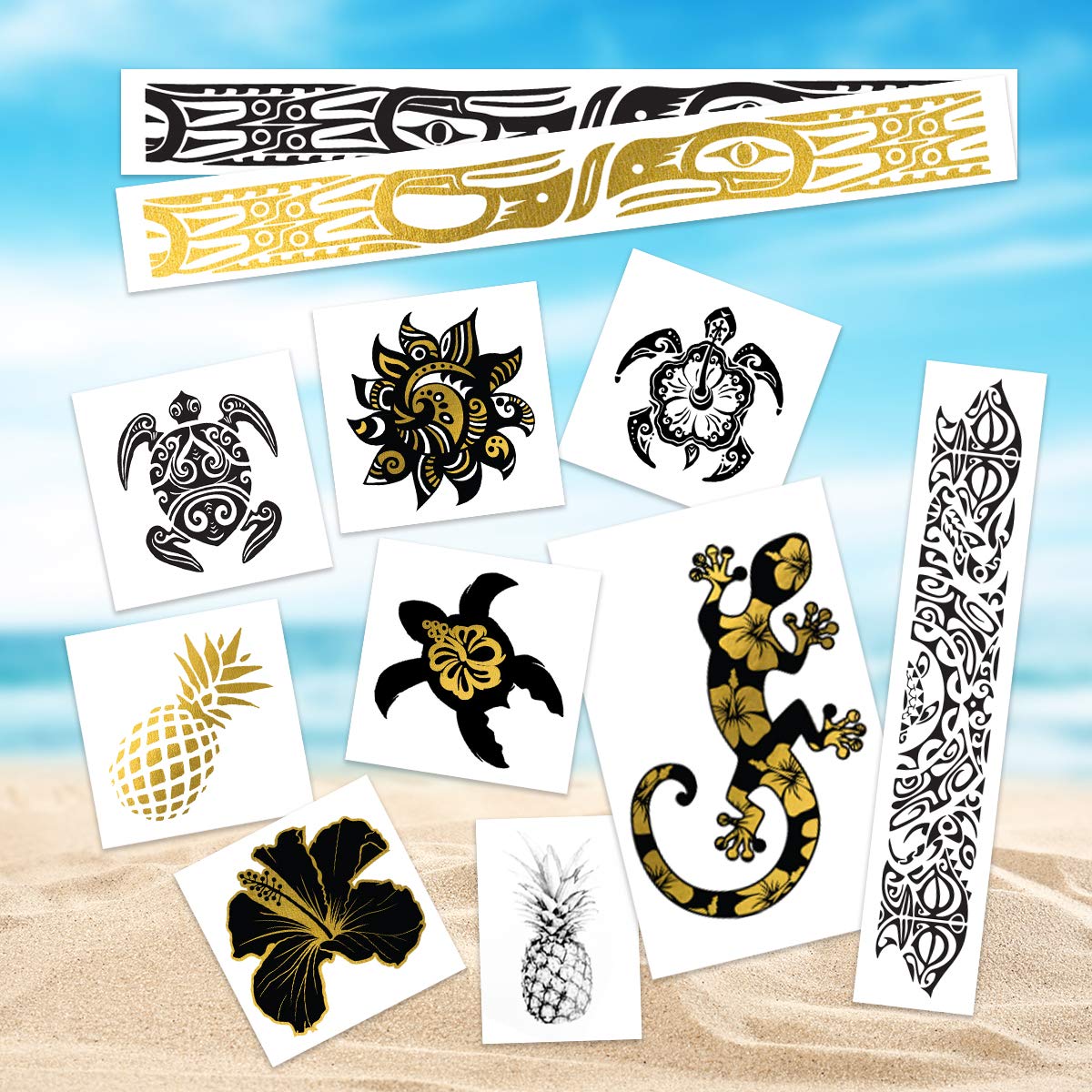 FashionTats Polynesian Pack Temporary Tattoos (Pack of 11) | Black & Metallic Gold | Tribal Turtle - Hibiscus - Gecko - Tribal Sun | Skin Safe | MADE IN THE USA | Removable