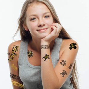 FashionTats Polynesian Pack Temporary Tattoos (Pack of 11) | Black & Metallic Gold | Tribal Turtle - Hibiscus - Gecko - Tribal Sun | Skin Safe | MADE IN THE USA | Removable