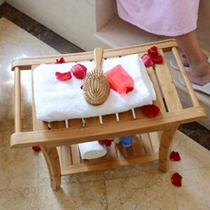 Zhuoyue Bamboo Spa Bath Shower Stool & Bench with Storage Shelf, Shower Bath Seats for Adults Seniors Women Elderly Tileable