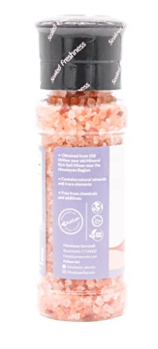 Himalayan Secrets Natural Pink Cooking Salt in Refillable Grinder - 8 oz Healthy Unrefined Coarse Salt Packed with Minerals - Kosher Certified