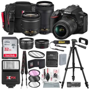 nikon d3500 dslr camera with 18-55mm and 70-300mm lenses + 32gb card, tripod, flash, and bundle