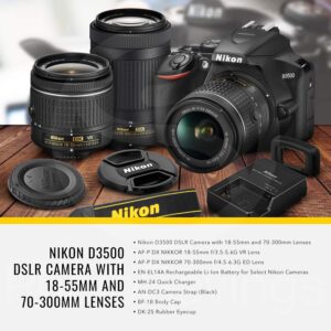 Nikon D3500 DSLR Camera with 18-55mm and 70-300mm Lenses + 32GB Card, Tripod, Flash, and Bundle