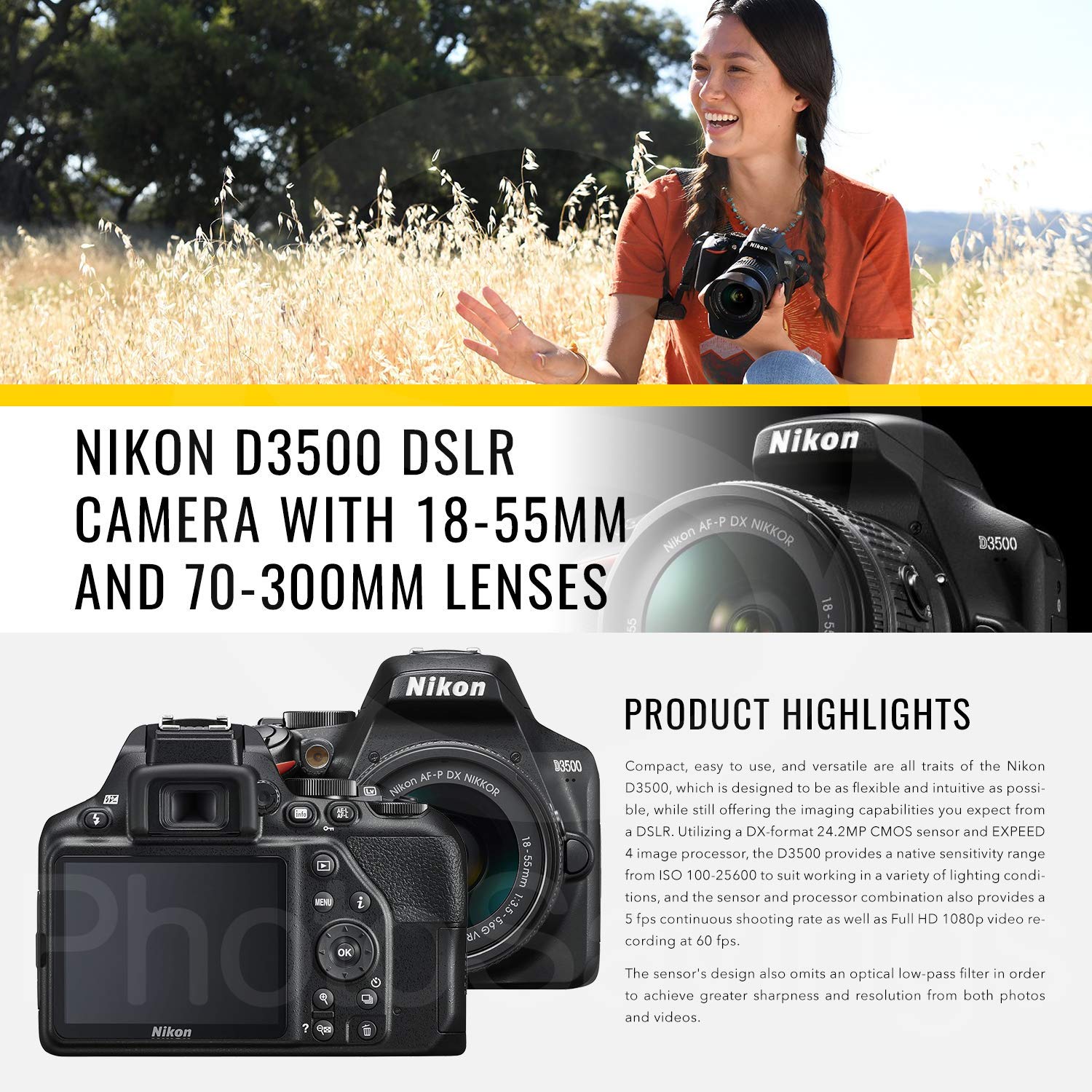 Nikon D3500 DSLR Camera with 18-55mm and 70-300mm Lenses + 32GB Card, Tripod, Flash, and Bundle