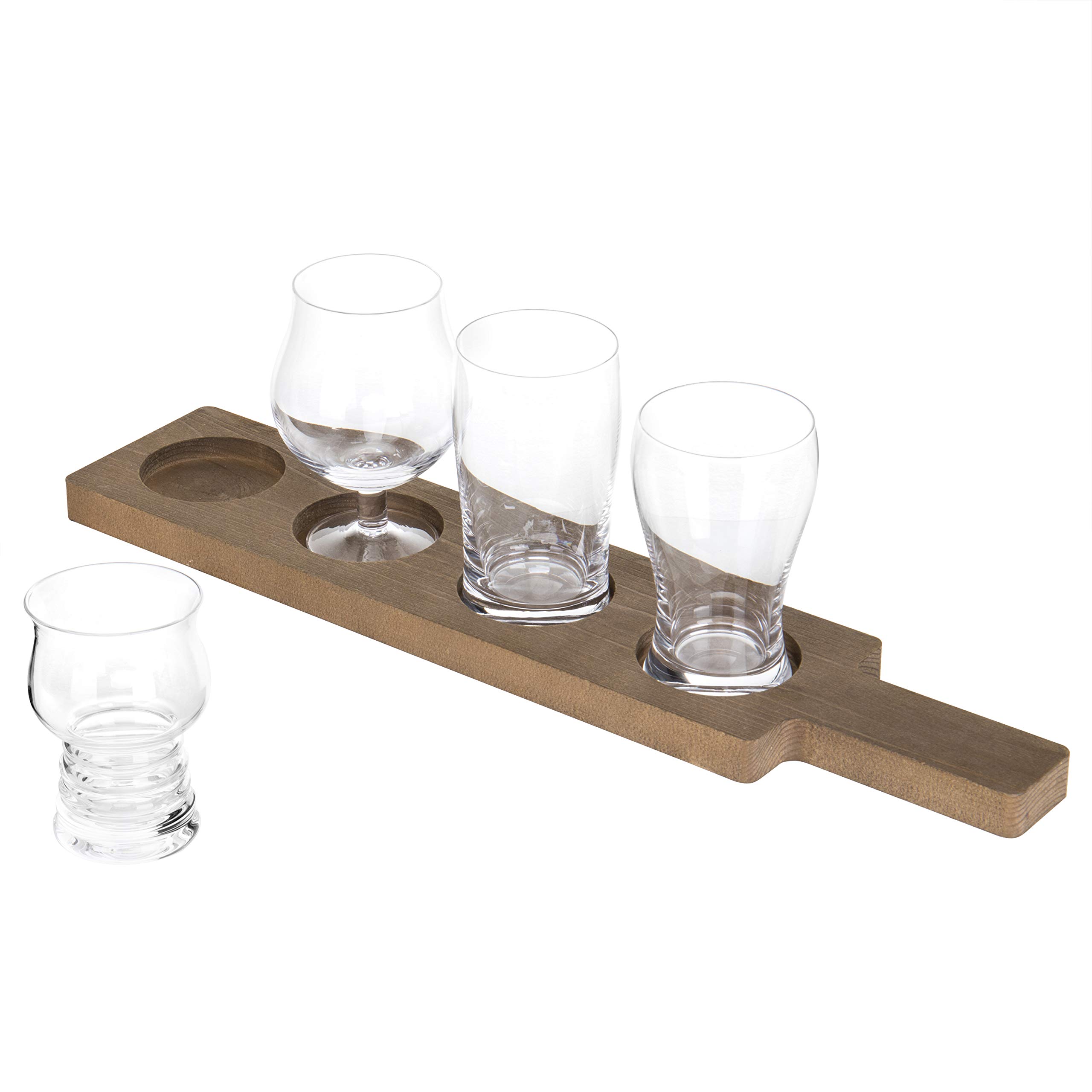 MyGift Rustic Brown Solid Wood Paddle Shaped Beer Flight Board with Beer Glasses, Pub Party Tasting Flight Set with 5 oz Craft Beer Sampler Glasses, 5 Piece Set