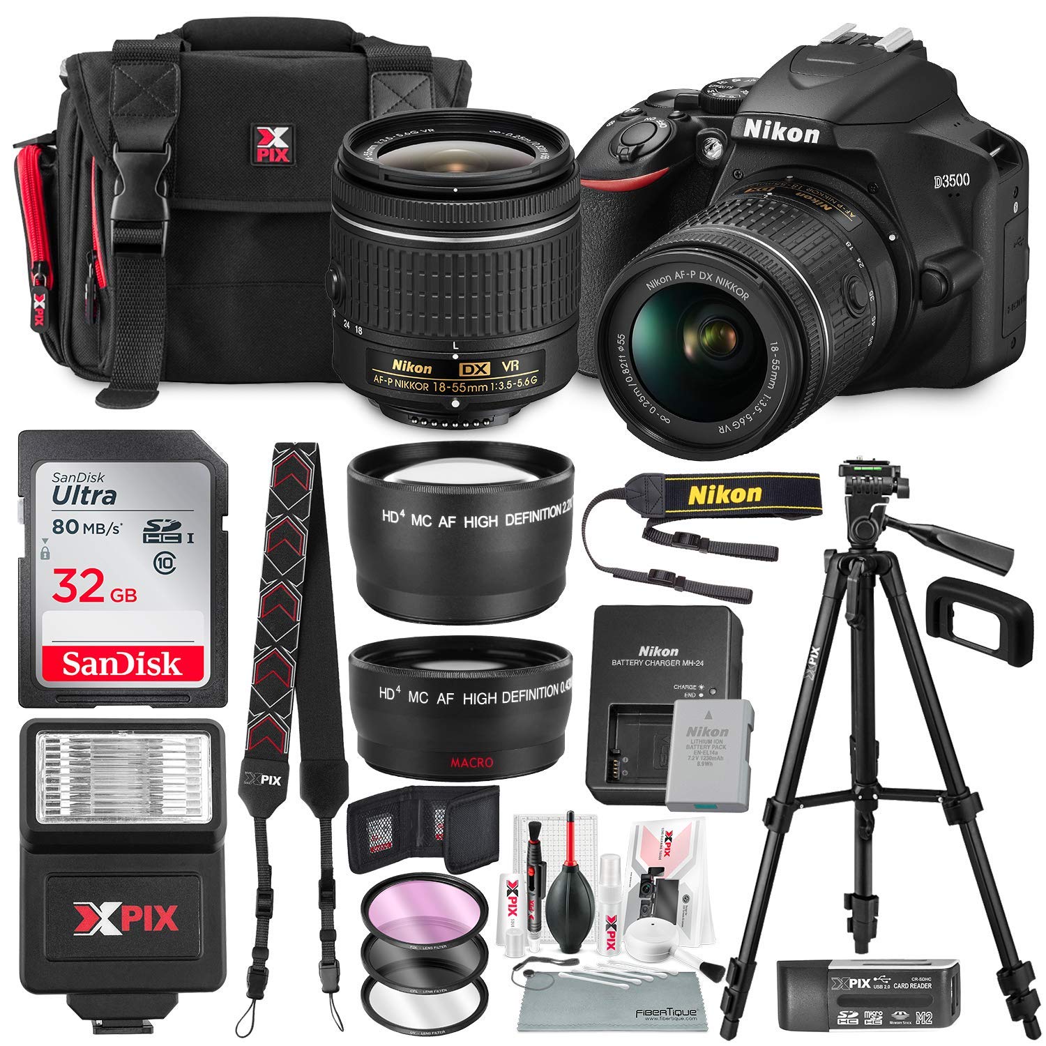 Nikon D3500 DSLR Camera with AF-P DX NIKKOR 18-55mm f/3.5-5.6G VR Lens + 32GB Card, Flash, Tripod, and Bundle